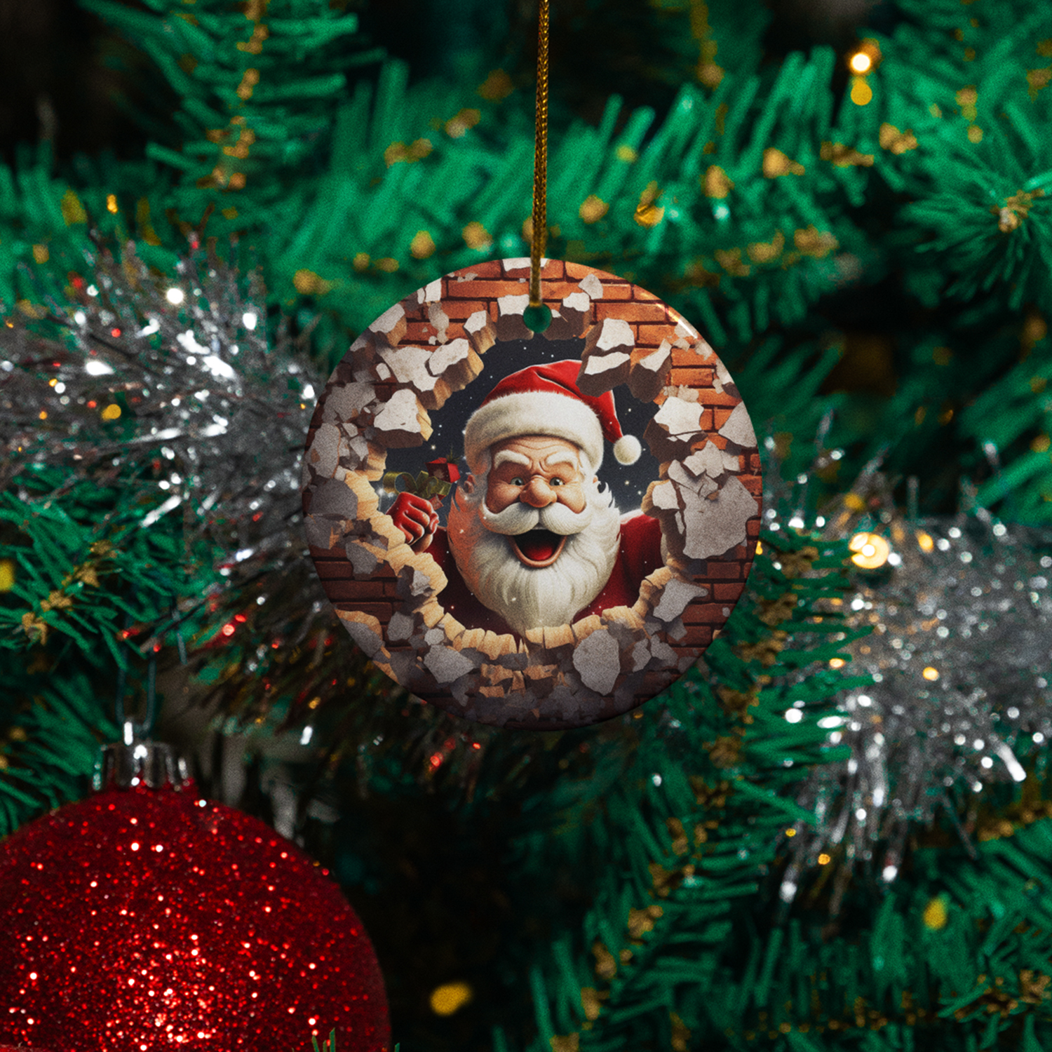 Funny Breakthrough Santa Ceramic Christmas Ornament - Brick Wall Entry ...